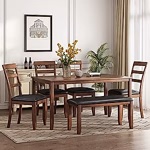Harper & Bright Designs 6 Pieces Dining Table Set with Bench, Kitchen Table Set with Wood Dining Table, Upholstered Bench and Dining Chairs for Kitchen Dining Room, Walnut PU Cushion