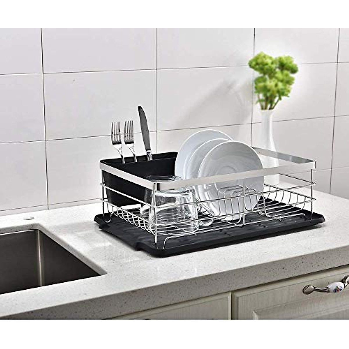 Popity home Dish Drying Rack, Sturdy Kitchen Sink Side Draining Kitchen Counter Top Chrome Dish Drying Rack,Dish Rack and Drainboard Set with Black Utensil Holder