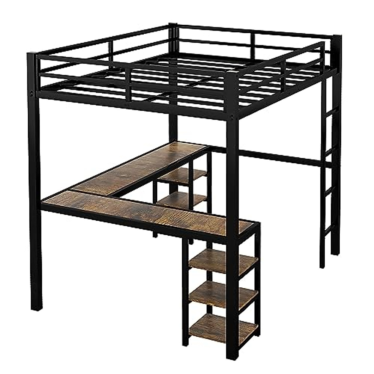 BOVZA Full Metal Loft Bed with Desk and Shelves, Multifunctional Loft Bed with Ladder and Safety Guardrails, Bed Frame for Bedroom, Space Saving, Black