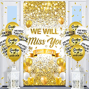Farewell Party Decorations White Gold We Will Miss You Door Cover Banner and 18Pcs Good Luck Goodbye Balloons for Going Away Retirement Graduation Farewell Anniversary Leaving Party Supplies