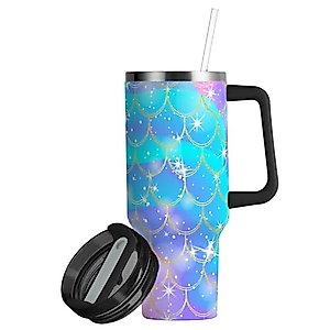 Yasala Car Tumbler with Handle Fantasy Magic Mermaid Scales Glitter Travel Mug Coffee Cup Insulated Beverage Container Mega Cup for Hot Cold Drinking Thermos Water Bottle Cupholder Friendly 40 oz