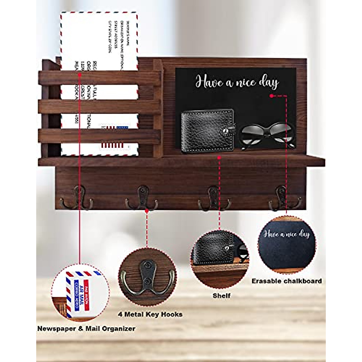 Megadream Key Holder for Wall, Front Door Organizer Wooden Mail Letter Holder Box, Key Ring Holder for Wall with Chalkboard, 4 Double Key|Coat|Bag Hooks