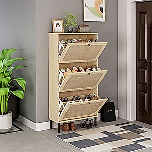 Rattan Shoe Storage Cabinet with 3 Flip Drawers for Entryway, Freestanding Shoe Rack Modern Slim Entryway Shoe Organizer with Half Round Woven Rattan Doors for Hallway (Rattan-3 Drawers)