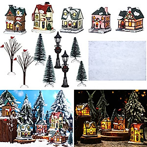 Queekay Christmas Winter Village Houses Set Christmas Miniature Resin Ornament Kits Cedar Bare Branch Tree Street Lamp Room Decor(Retro Style)