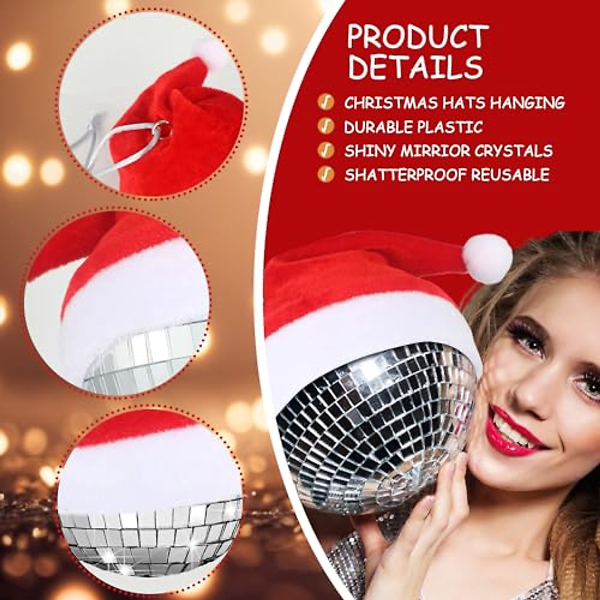 Liliful 2 Pcs Christmas Large Disco Ball Ornament With Santa Hat Silver Hanging Reflective Disco Ball for Party (12'', 8'')