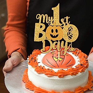 My 1st Boo Day Cake Topper - Halloween Happy Birthday Cake Decor for Baby's First Birthday - Fall Theme Happy 1st Birthday/Baby Shower Party Decorations Supplies for Kids, Gold Glitter