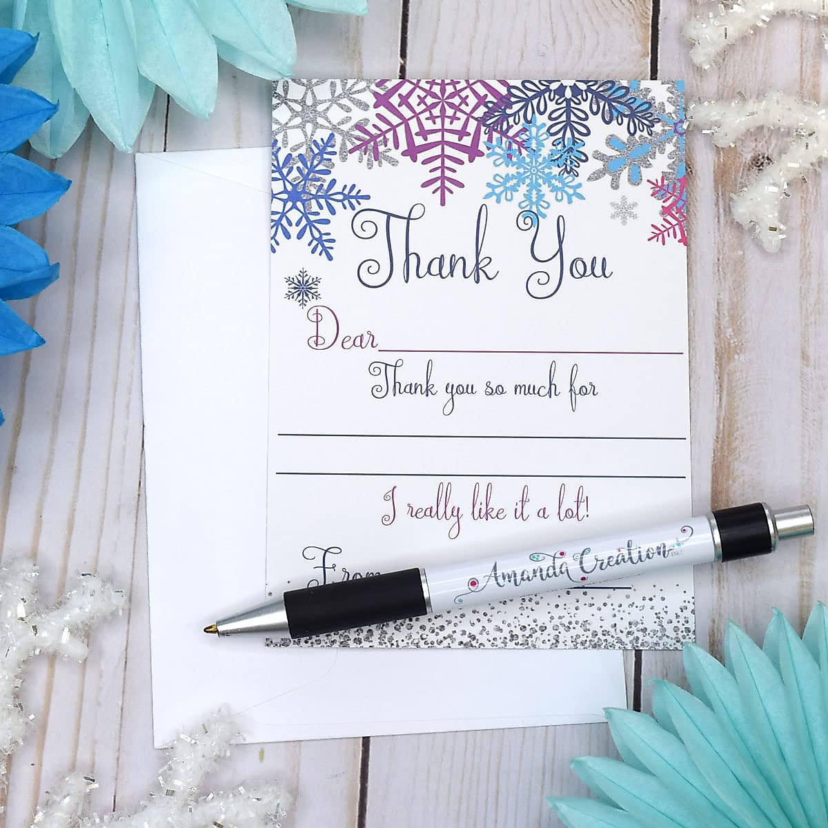 Winter Snowflake Birthday Thank You Notes, Ten 4" x 5.5" Fill In The Blank Cards with 10 White Envelopes by AmandaCreation