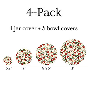 (4-Pack) Sourdough Reuseable Jar & Bowl Covers | Cute Baking Gift | 100% Cotton (3.7in, 7in, 9.25in, 11in) | Washable | Bread Making and Proofing | Kitchen Food Storage Gifting | Starter Cover Lid Kit
