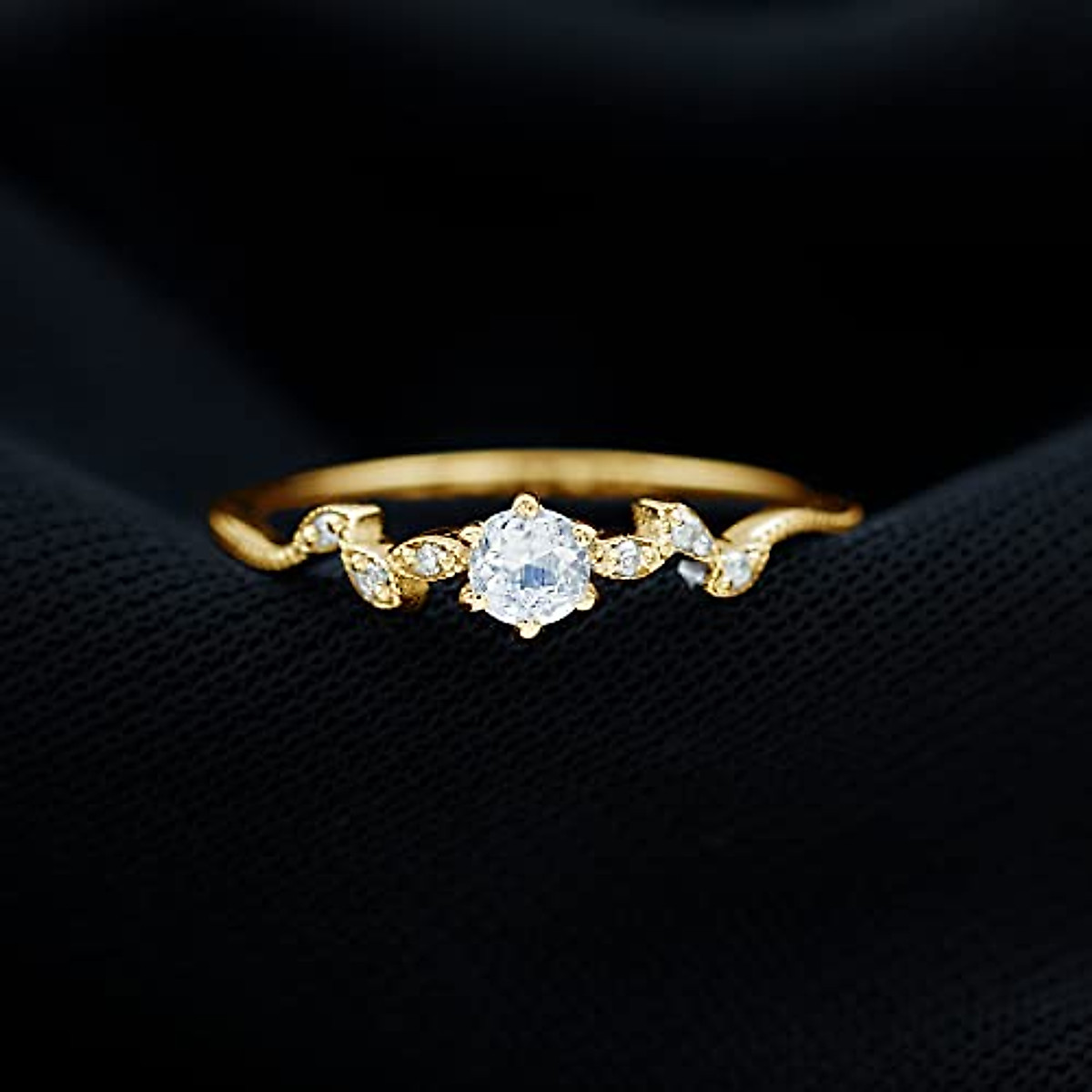 Rosec Jewels Natural Moonstone Promise Ring with Diamond, Certified Moonstone Flower Ring For Women, AAA Quality, Ready For Gift, 14K Yellow Gold, Size:US 5.00