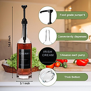 MSTCMZP 25.4 oz 750 ml Coffee Syrup Dispenser Set - 4 Black Dispensers With Pump & Labels - Glass Bottle Included - Coffee Bar Accessories