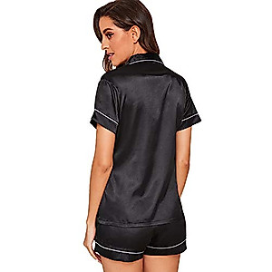 SweatyRocks Women's Short Sleeve Sleepwear Button Down Satin 2 Piece Pajama Set Black Large