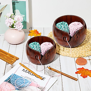 2 Sets Wooden Yarn Bowl Crochet Bowl Bamboo Handmade Knitting Wool Storage Round Rosewood Yarn Bowl with Holes 12 Pieces Crochet Hooks for Knitting Crocheting DIY Arts Crafts Tools Supplies