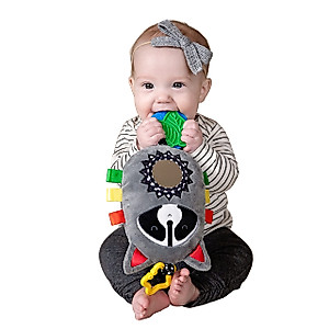 Kalianii Squish 'N Play Raccoon Activity Toy- Multi-Sensory Learning Baby Toy - Stroller Toy, Car Seat Toy, Tummy Time Toy, Teether Toy, Baby Gift - with Mirror, Rattle & Taggies