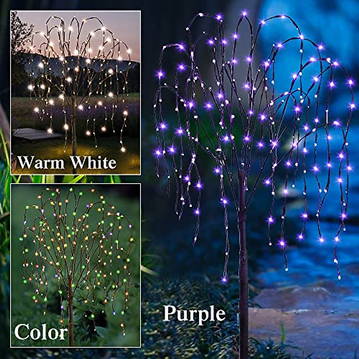ooLALoo Outdoor Tree Solar Willow Tree 4.6 FT Artificial Plant for Garden Waterproof with Blink Modes for Patio Decor (Purple)