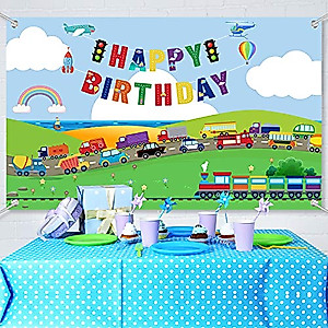 Transportation Birthday Party Supplies Decorations Traffic Backdrop Background Banner for Boys Girls Birthday Party Favor Car Bus Train Plane Ship Automobile Theme Party Photo Booth Cake Table Decor