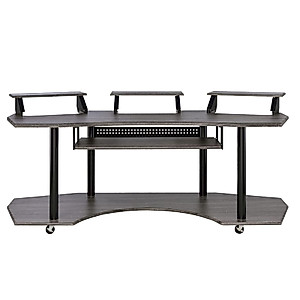 Music Recording Studio Desk with Piano Keyboard Tray, Recording Studio Workstation Table with Stands, Bottom Shelf and Wheels, Wooden Home Office Computer Desks for Study Gaming Bedroom (large,Black)