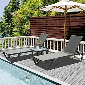 Domi Patio Chaise Lounge Chair Set of 3,Outdoor Aluminum Polypropylene Sunbathing Chair with 5 Adjustable Position,Side Table for Beach,Yard,Balcony,Poolside(2 Grey Chairs W/Table)