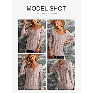 EVALESS Womens Fall Sweater 2023 Fashion Oversized Off The Shoulder Cable Knit V Neck Chunky Pullover Casual Solid Color Winter Long Sleeve Clothes Tops,Pink S