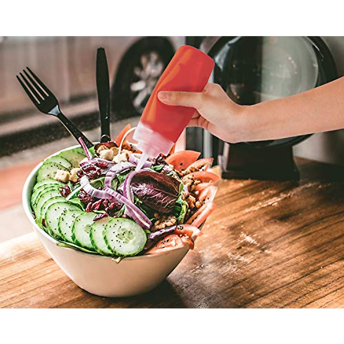 Katfort Squeeze Bottles for Sauces 2 Pack, 12 Ounce Plastic Dressing Squirt Bottles Ketchup Bottles with Cap Lids and Funnel, Condiment Bottles for Liquids BBQ Dressing Pancake Art Dispenser