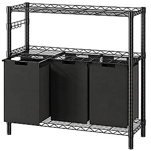 Laundry Sorters with 3 X 45L Laundry Bags & 2 Tier Adjustable Storage Shelf, Pull-Out and Removable Oxford Fabric Laundry Baskets, Black