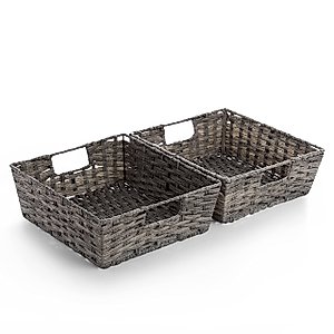 BINO 2 Pack Woven Resin Basket Organizer - Shelf Organizer with Built-in Carry Handles, Large - Light Grey