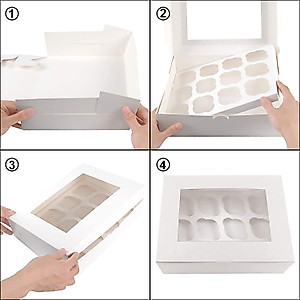 Moretoes 8 Pcs Cupcake Boxes, 12 Count White Cupcake Boxes with Windows and Inserts to Fit 12 Cupcakes Muffins or Pastries, 100 Cupcake Baking Cups and Ribbon