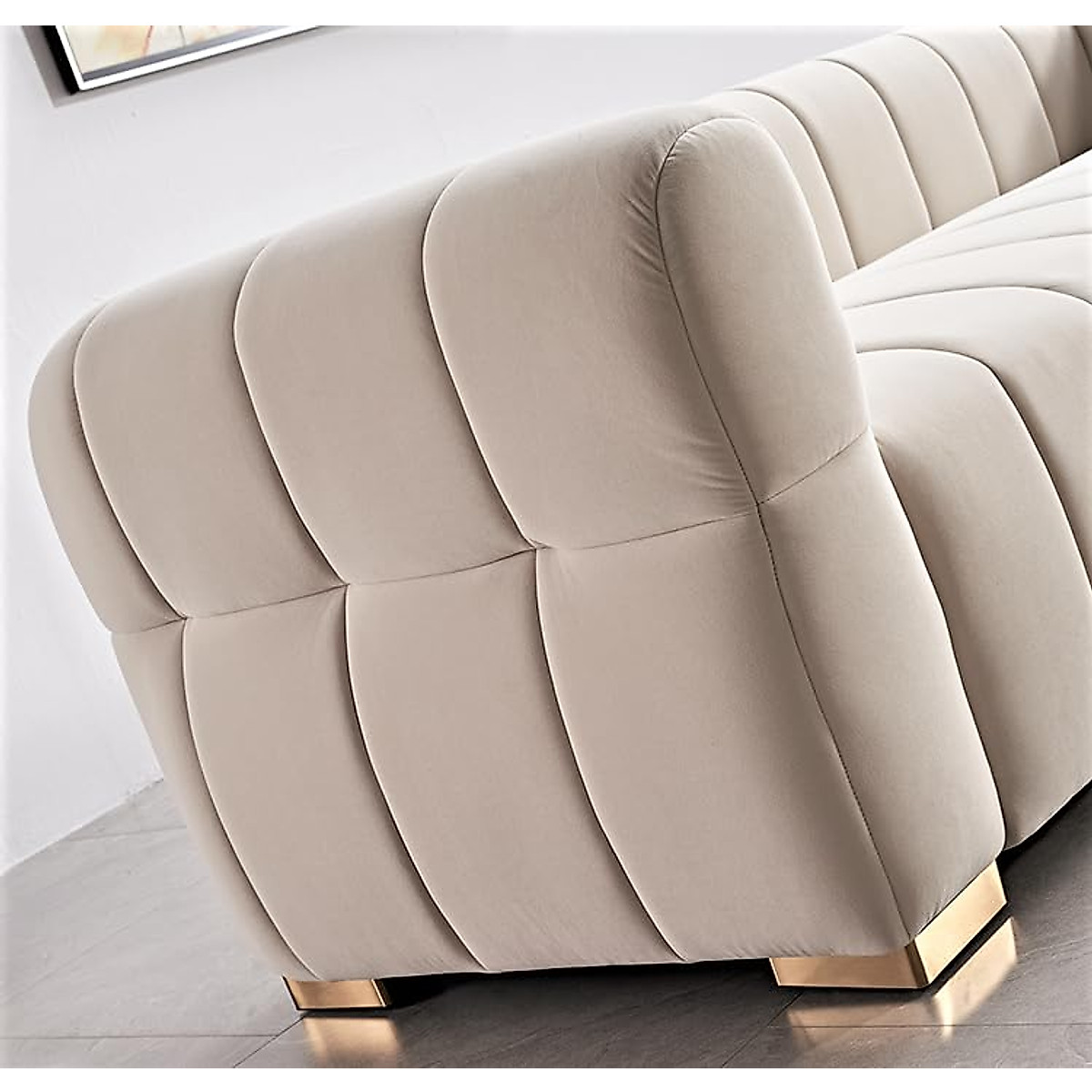 Container Furniture Direct Art Deco Velvet Sofa with Tufted Low Back Design, Sophisticated 3 Seater Couch for Living Rooms, 89 Inch Wide, Easy Assembly, Beige