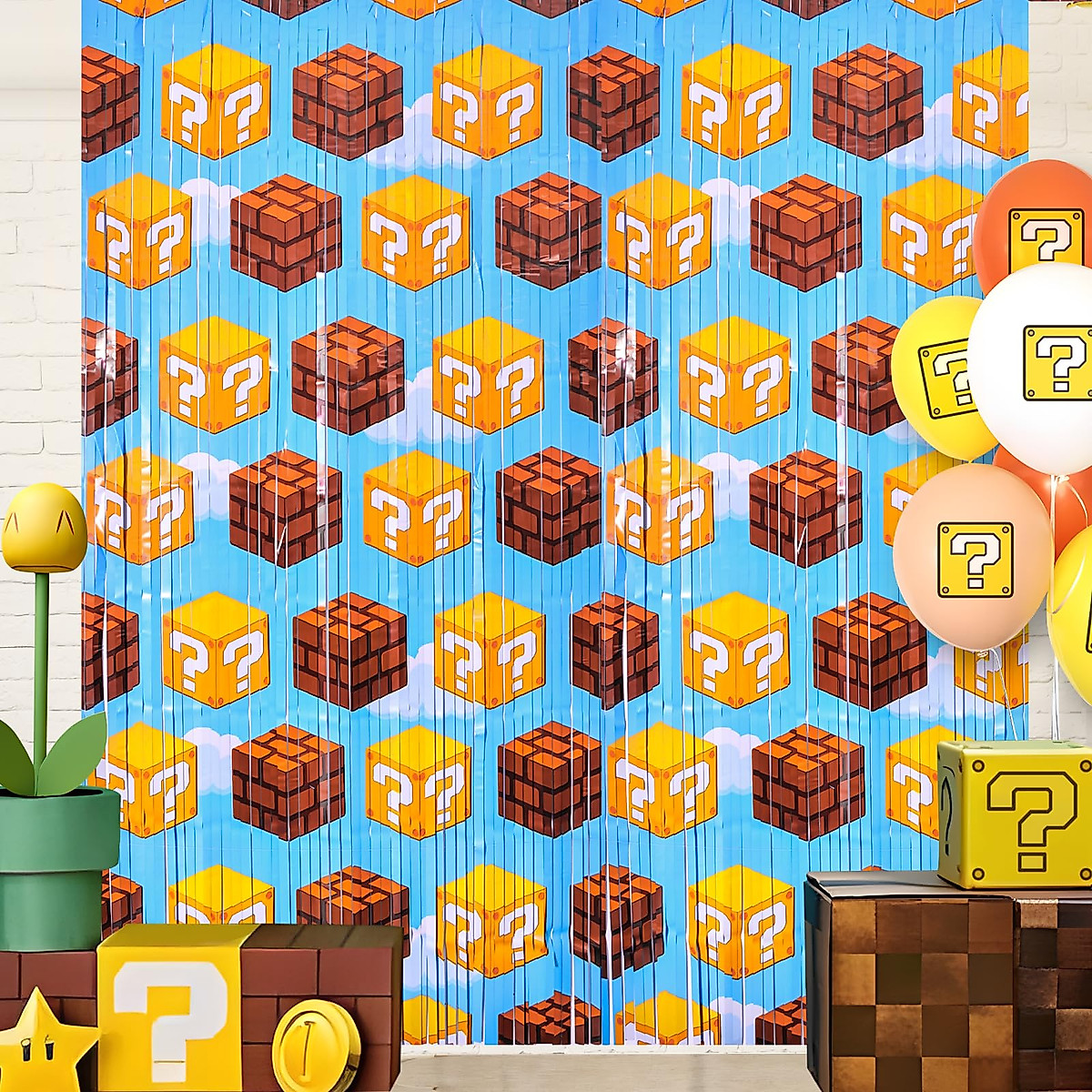 Bupelo Super Bros Birthday Party Supplies, 2 Pack Question & Brick Tinsel Foil Fringe Curtains, Super Game Themed Photo Booth Prop Party Backdrop, Super Bros Party Decorations Room Decor for Kids