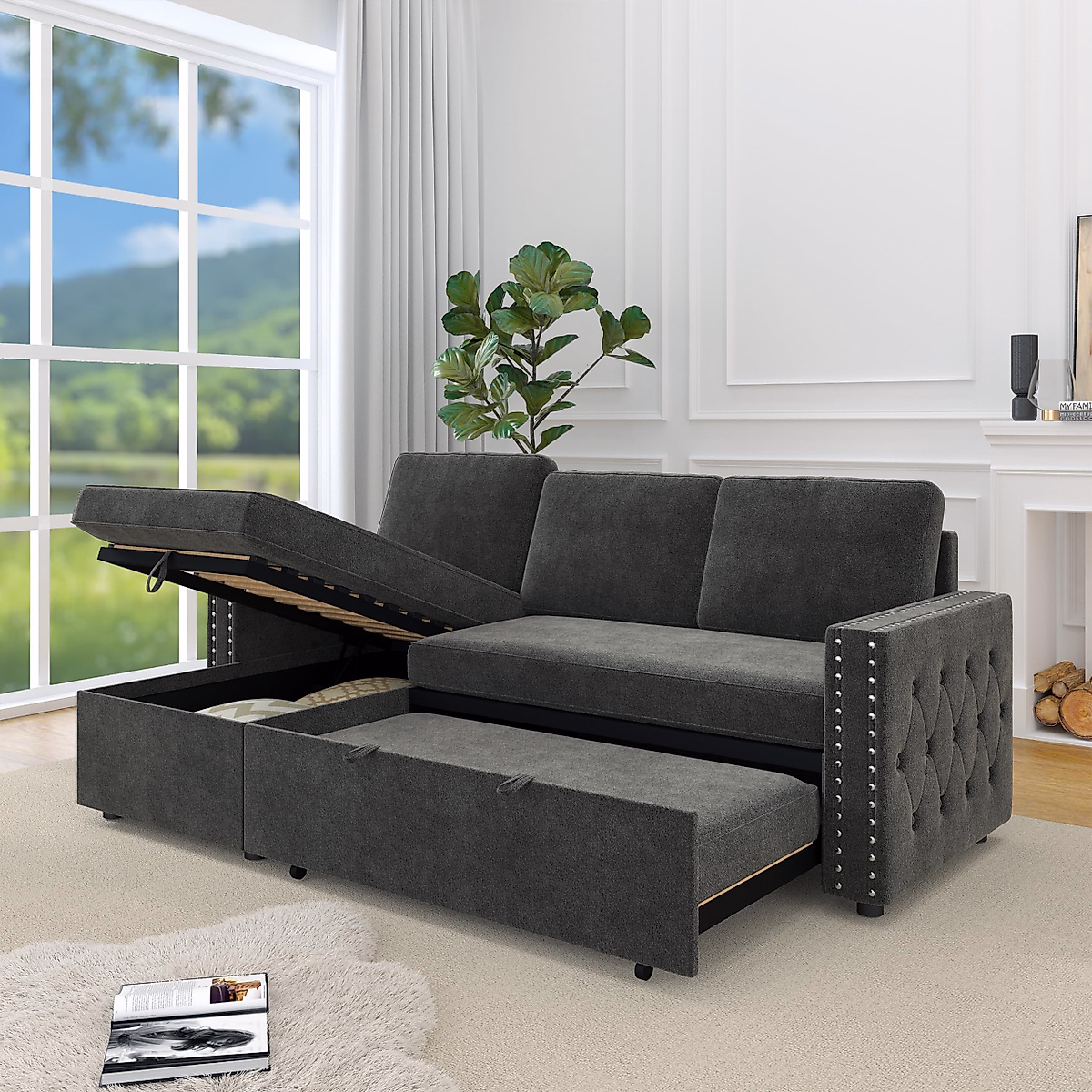 Ball & Cast 85" Sleeper Sofa with Storage Chaise, Chenille Upholstered Reversible Sectional Couch with Pull Out Bed, Button Tufted Armrest and Nailhead Trim,for Living Room,Apartment,Dark Grey