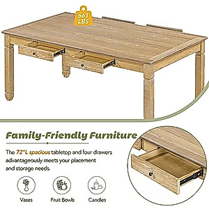 72'L Rectangular Dining Table Set for 6, Wooden Kitchen Table Set with 4 Drawers, 4 Upholstered Chairs & 1 Bench 6-Piece Retro Dining Room Table Set Kitchen Furniture Set for Family, Natural Wood Wash