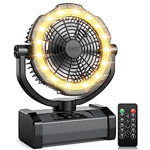 HonHey Portable Battery Operated Fan Camping Essentials, 10000mAh Rechargeable Fan with oscillation LED Light, 9 inch Outdoor Fan with Remote 270° Rotation 4 Speeds Personal Fan for Tent Picnic Travel