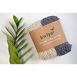 Reusable Grocery Net Bags, Cotton Mesh Tote, Farmer's Market Bags for Fruits and Vegetables, String Shopping Organizer, Storage Bag with Long Handles, 2 Packs (Beige, Gray)