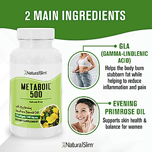 NaturalSlim Evening Primrose Oil for Women 1500mg from Cold Pressed Oil - Metaboil 500 GLA Supplement Gamma Linolenic Acid for Women’s Health, Metabolism, Heart & Skin Health - 270 Softgels