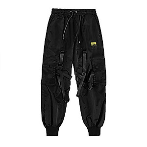 MOKEWEN Men's Multi Straps Cargo Pockets Streetwear Jogger Ankle Ninth Pants with Elastic Waist Drawstring Black W 32-33