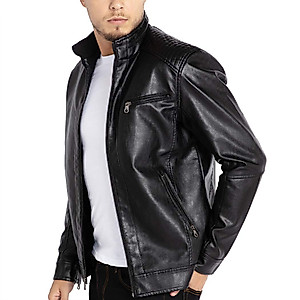 WULFUL Men's Stand Collar Leather Jacket Motorcycle Lightweight Faux Leather Outwear