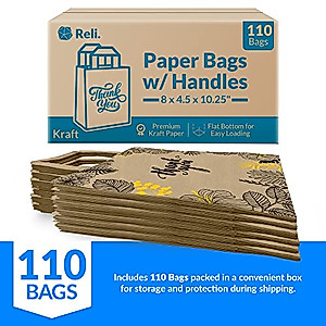 Reli. Paper Bags | 110 Pcs Bulk | 8"x4.5"x10.25" | Paper Thank You Bags | Brown Paper Bags with Handles, Printed | Small Thank You Gift Bags for Guests | Gifts, Wedding, Merchandise, Business