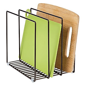 mDesign Steel Storage Tray Organizer Rack for Kitchen Cabinet - Divided Holder with 3 Slots for Skillets, Frying Pan, Pot Lids, Cutting Board, Baking Sheets - Concerto Collection - Bronze