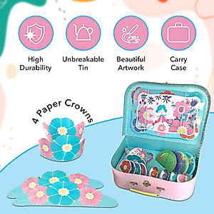 Bright Stripes 15 Piece Tin Tea Set for Little Girls, Pretend Play Toys for Kids with Carry Case, Invites, Place Cards, Tea Party Fun, Children’s Kitchen Accessories, in a Flower Fairy Theme.