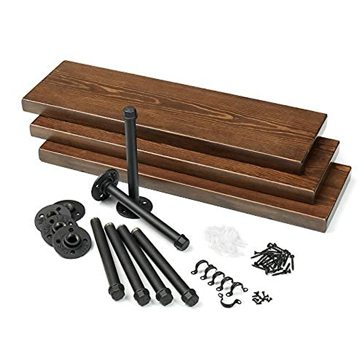 Mark One Home Goods 3 Tier Wood Shelves with Black Pipe Brackets (Dark Walnut, 3 Tier)