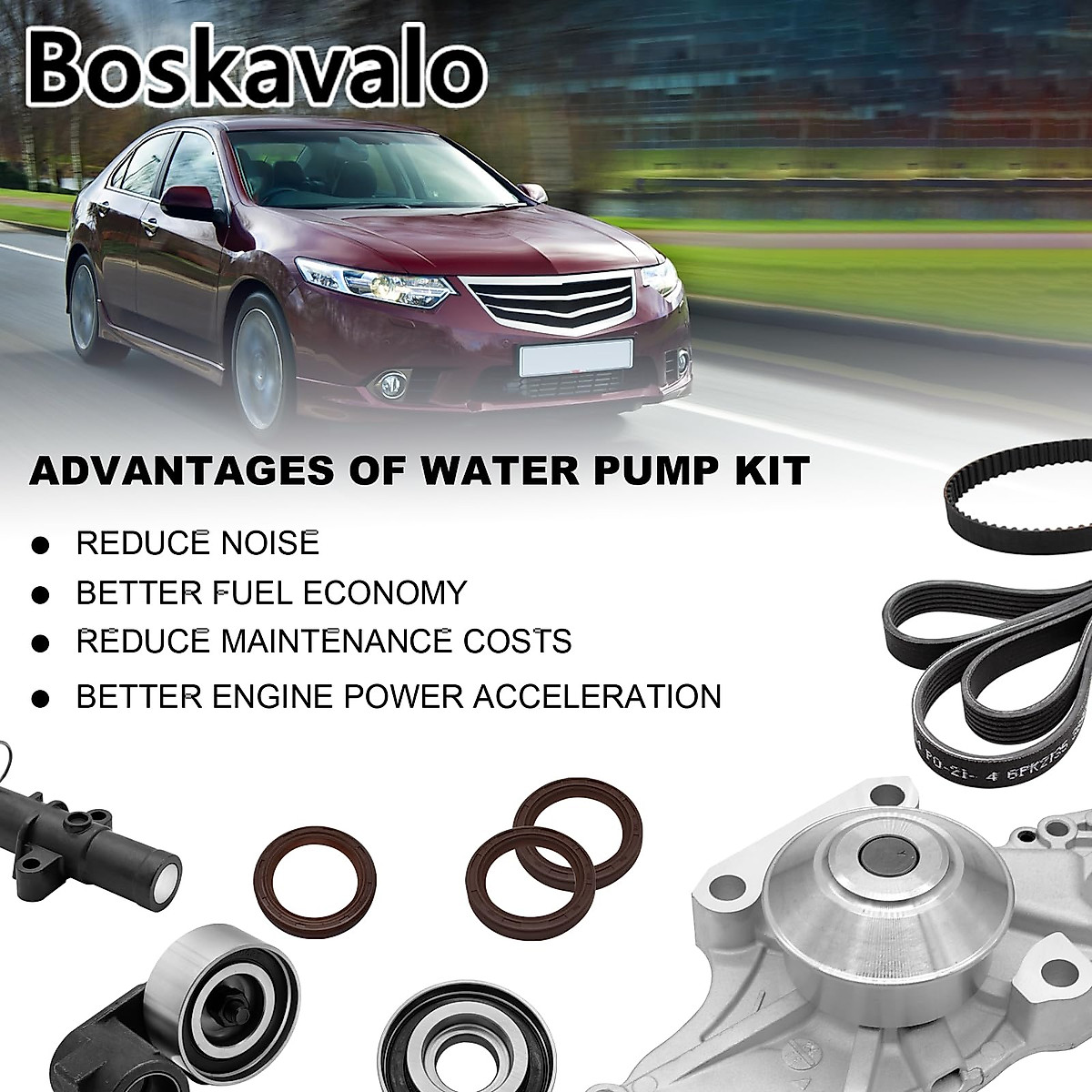 Boskavalo Engine Timing Belt Kit with Water Pump Compatible with 2003-2018 Honda Accord Pilot Crosstour Odyssey Ridgeline Acura MDX RDX RL TL TSX ZDX Saturn Vue Replaces TKH002 19200-RDV-J01 TCKWP329