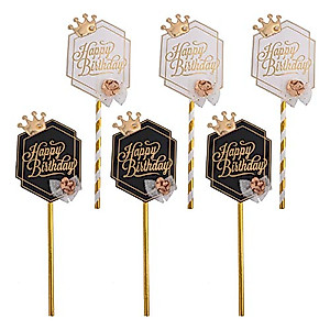 Amosfun Crown Cake Toppers Hexagon Cake Inserts Elegant Cupcake Decor Party Supplies (White+ Black) for Party Cake Decortion
