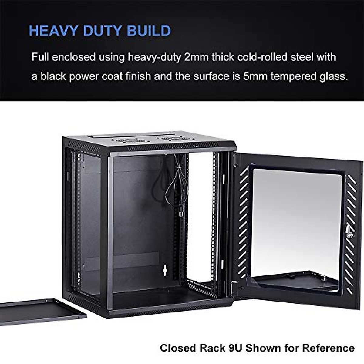 [Fully Assembled] KENUCO Deluxe IT Wall Mount Cabinet | Server Rack | Data Network Enclosure 19-Inch Server Network Rack with Locking Tempered Glass Door (Black 09U)