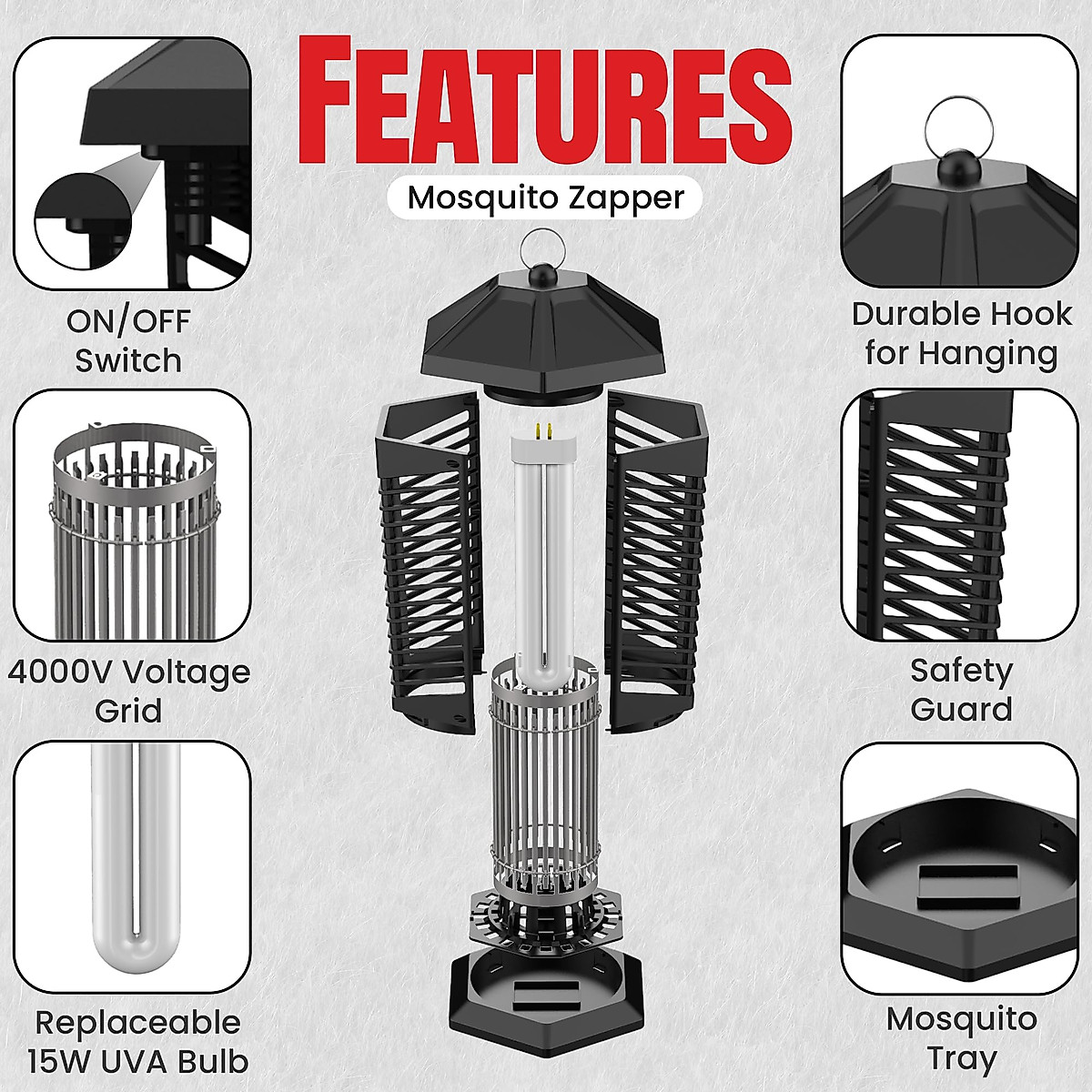 Gadget Geeks Mosquito Bug Zapper Outdoor & Indoor Electric, Mosquito Zapper, Fly Zapper Trap, Mosquito Killer with On Off Switch & 15W Replaceable UVA Bulb, 3500sq ft Large Range