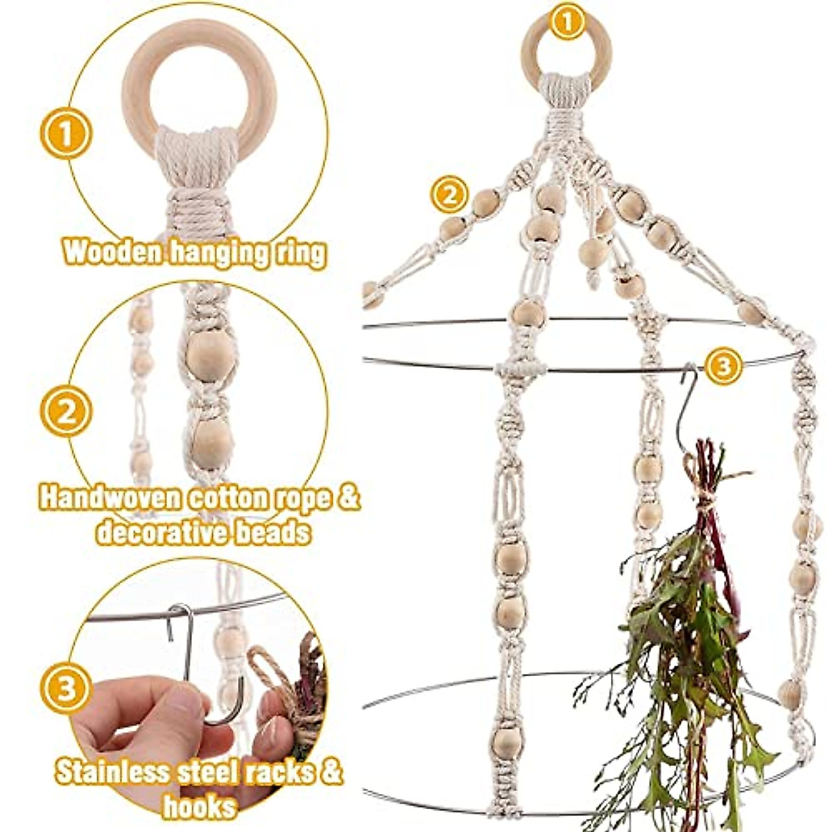 Gecorid Boho Drying Rack | Macrame Flower Drying Rack with 15 Hooks - Kitchen Decor Dryer Hangers for Drying Air Plants Spices Flowers