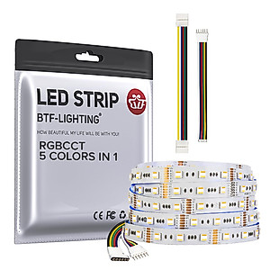BTF-LIGHTING RGBCCT 5 Colors in 1 LED 5050SMD RGBWW RGB+Dimmable Tunable Color Temperature 2700K-6500K 16.4ft 60LEDs/m 300LEDs Multi-Colored LED Tape Lights IP30 DC12V For Bedroom Desk Home Decoration