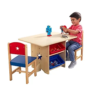 KidKraft Wooden Star Table & Chair Set with 4 Storage Bins, Children's Furniture – Red, Blue & Natural