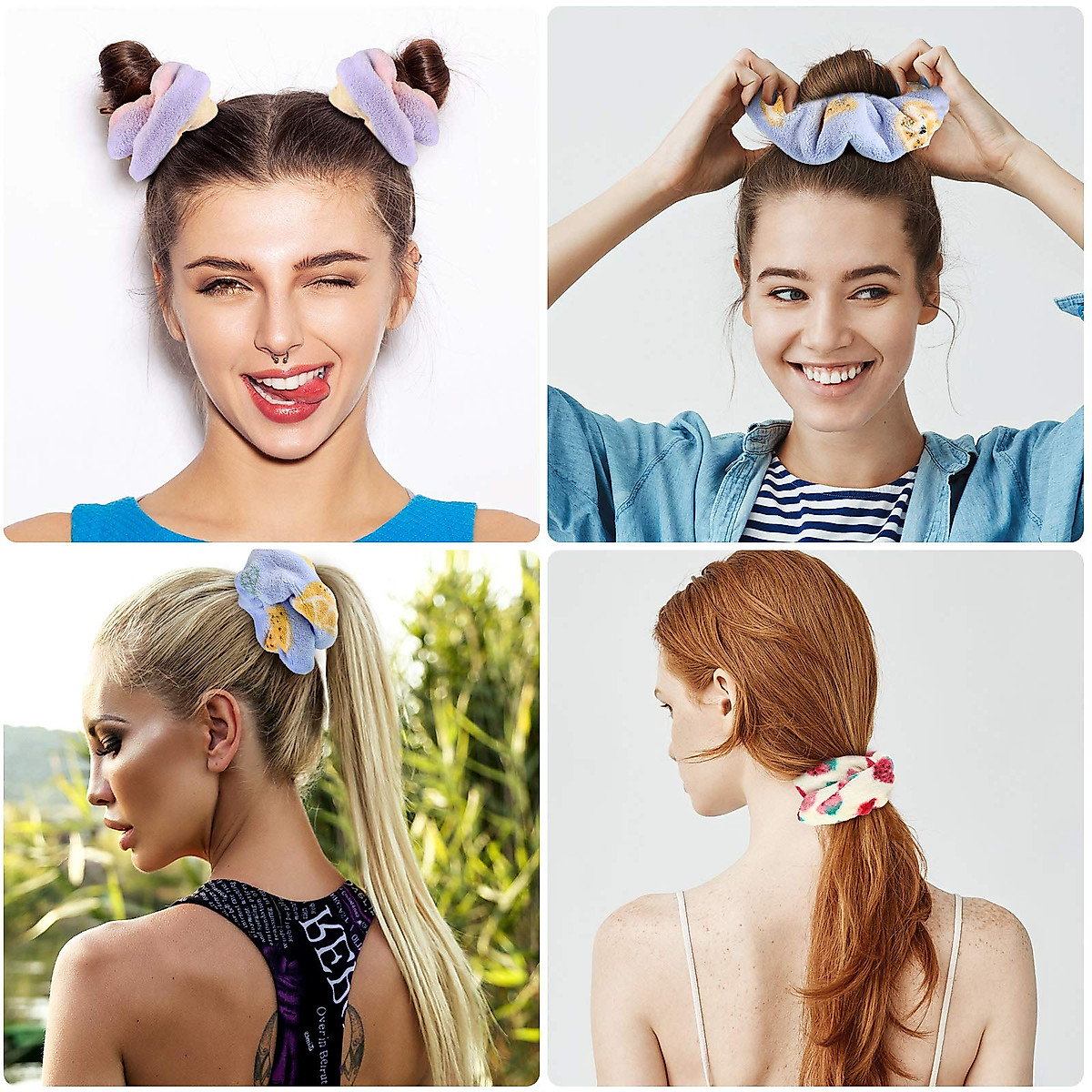 4 Pieces Large Soft Microfiber Hair Towel Scrunchies with Fuzzy Fruit-Shaped Pom Poms - Ponytail Holders for Wet and Dry Hair Styling Accessories for Women