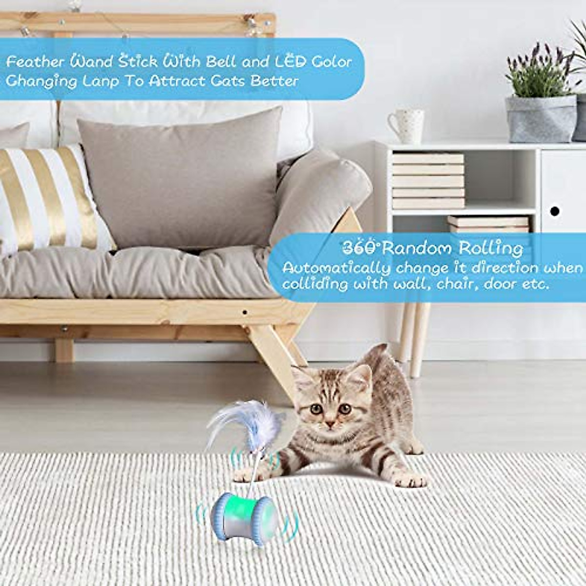 KONPCOIU Automatic Cat Feather Toy—Smart Robotic Interactive Indoor Electronic Pet Toy—Auto/Manual Motorized Toy—360° Rotating Ball Colorful Light Cat Toys for Cat/Mouse/Kitten Hunting Exercise