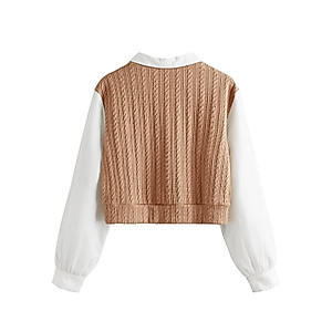 SweatyRocks Women's Collar Long Sleeve Shirt Ribbed Knit 2 in 1 Blouse Crop Top Sweater Shirt Top Cemel L