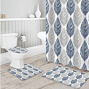 4 Pcs Shower Curtain Set with 12 Hooks Grey and Navy Blue Olive Leaf Texture Watercolor Hand Drawn Bathroom Sets with Non-Slip Bath Mat Toilet Lid Cover Waterproof Durable Shower Curtain and Rugs